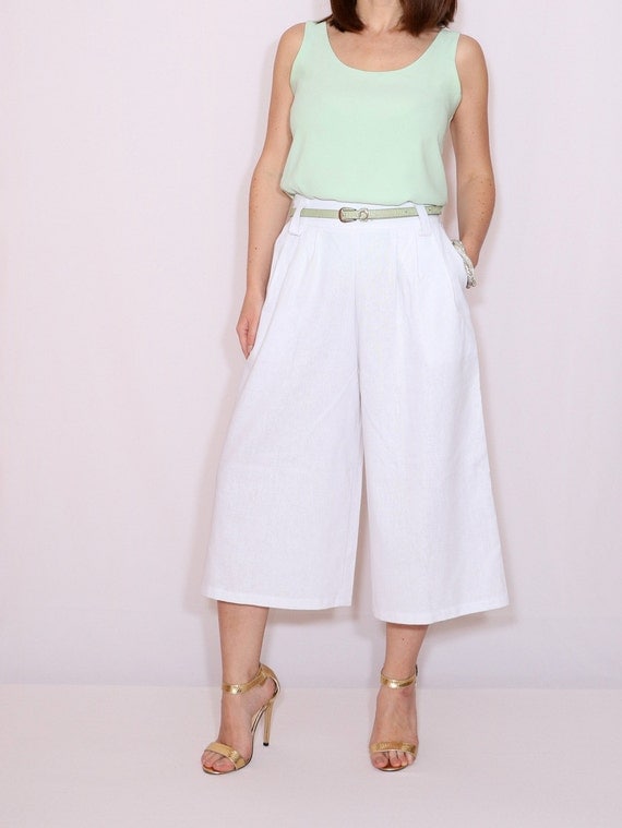 White Linen Culottes High Waist Wide Leg Capris With Pockets