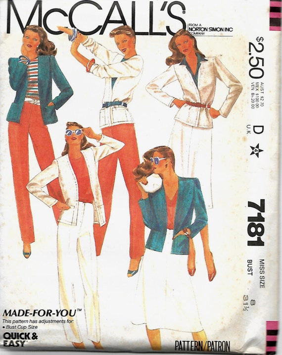 Vtg McCall's 7181 Misses Jacket Skirt And Pants Pattern