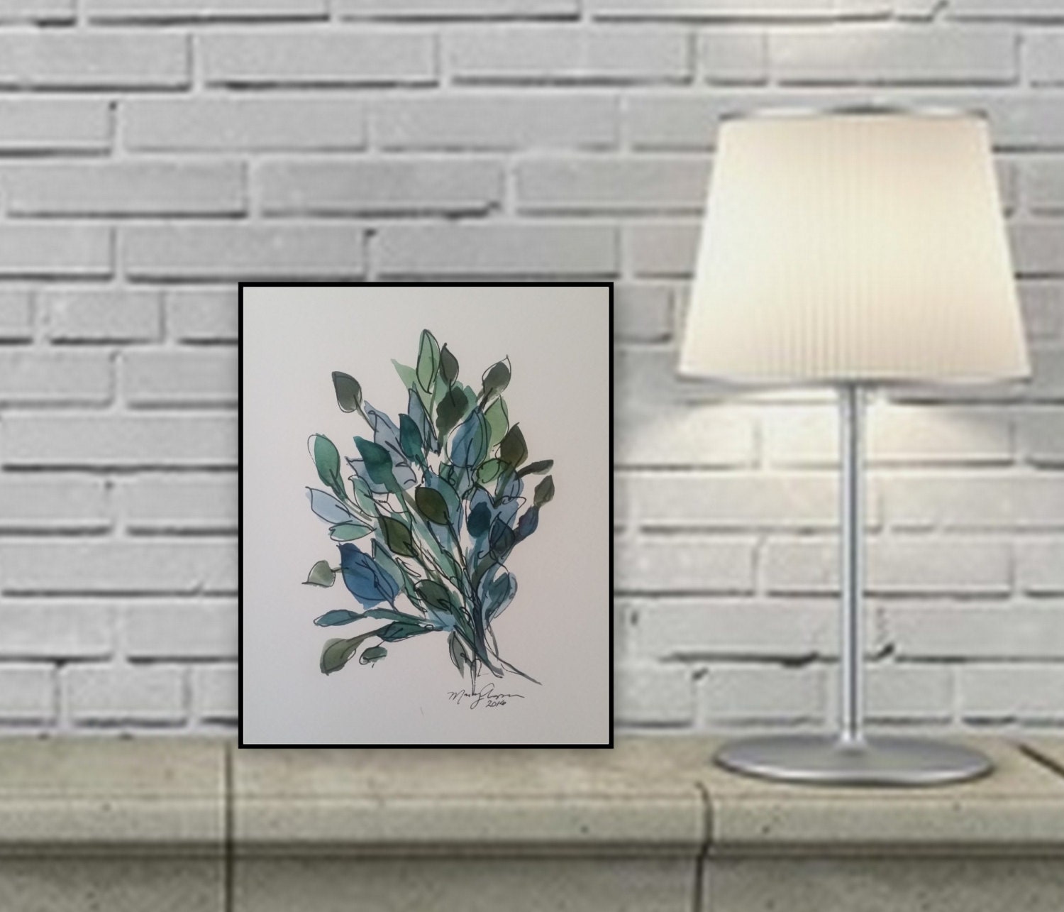 blue leaves painting ink abstract original painting on paper