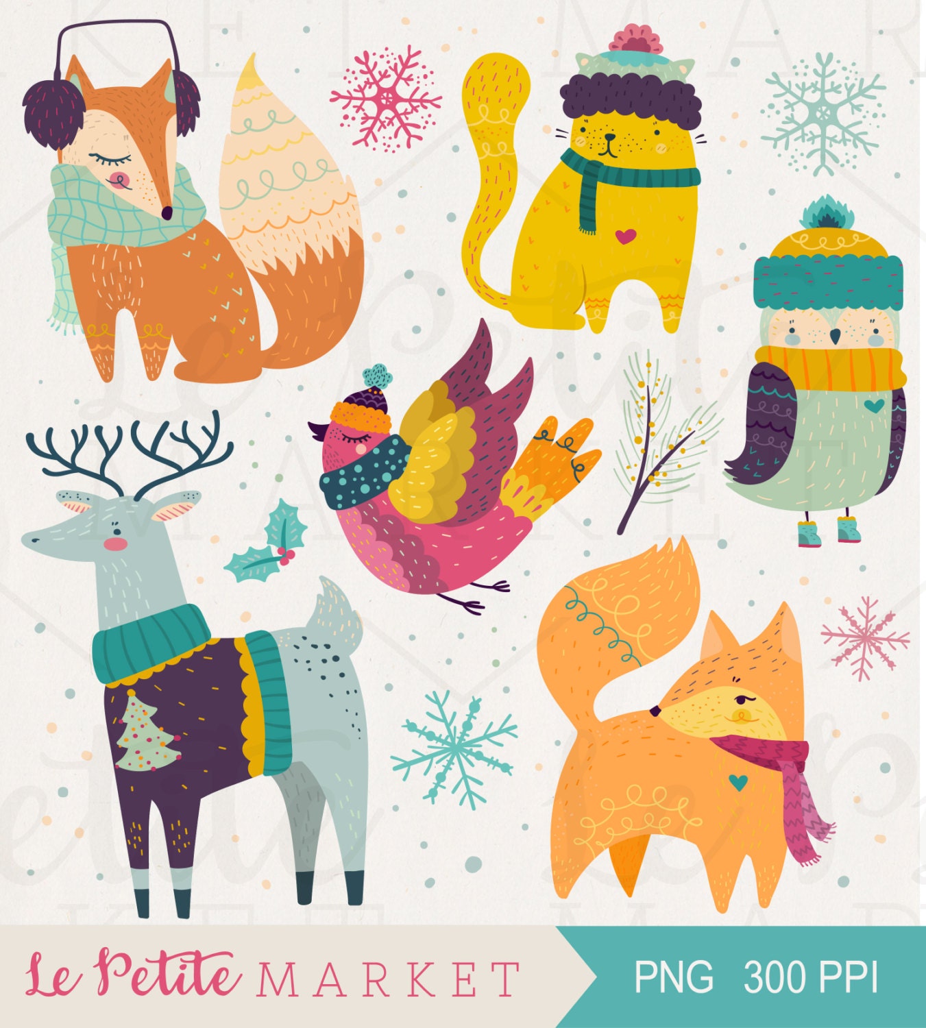 Hand Drawn Holiday Woodland Animals Cute Winter Clip Art