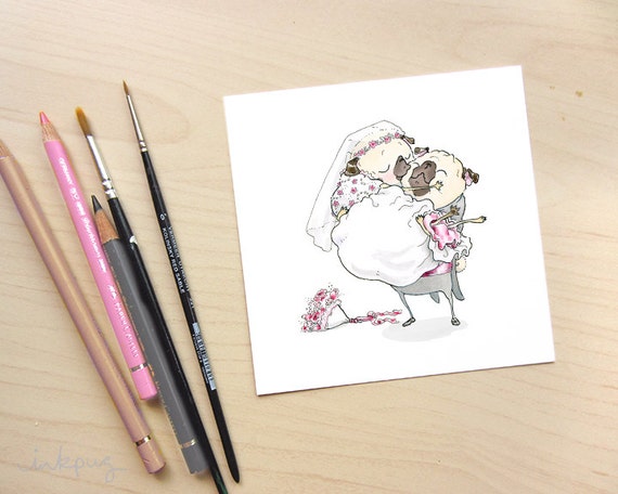 Items similar to Wedding Kiss Pug Art Print - Pug wedding gift, wedding ...