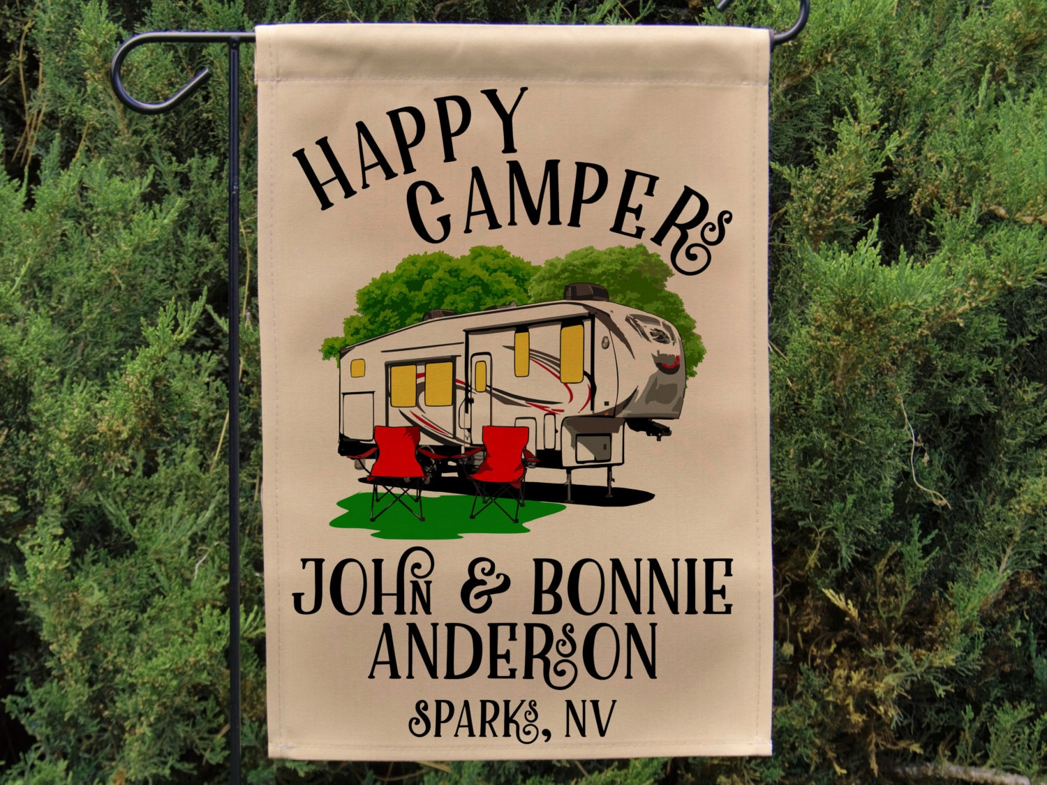 Happy Campers Personalized 5th Wheel Garden Flag Large Fifth
