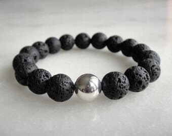 Mens lava and tigers eye bracelet with sterling silver