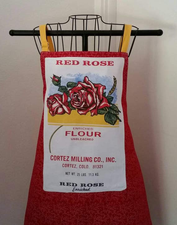 Red Rose Flour Sack Apron Red and White Apron