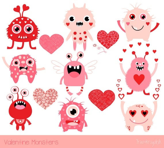 Cute Valentine monsters clipart Kids Valentine clipart Pink