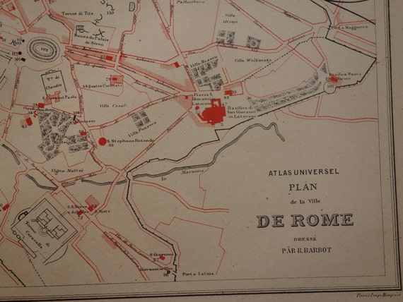 ROME large map of Rome antique city plan original 1879 old