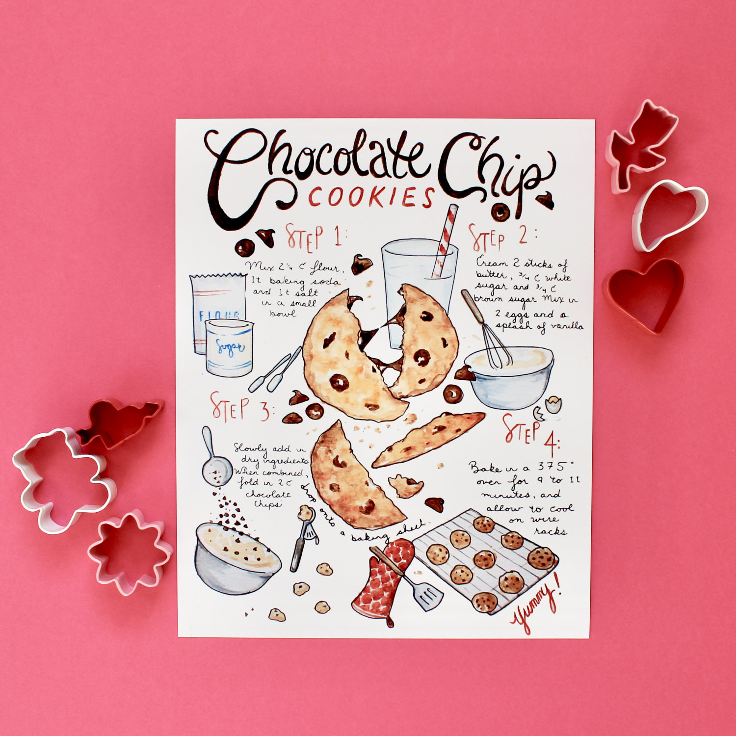 Chocolate Chip Cookie Recipe Kitchen Art Print Recipe