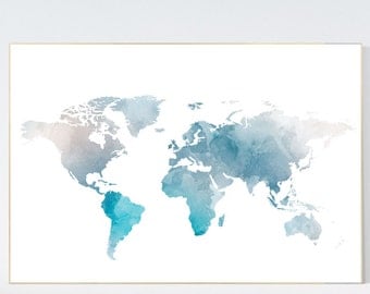 Blue world map | Etsy