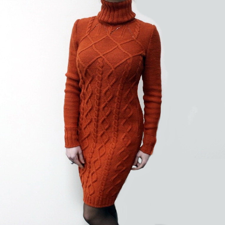 Hand knit dress merino wool cable dress long sleeves
