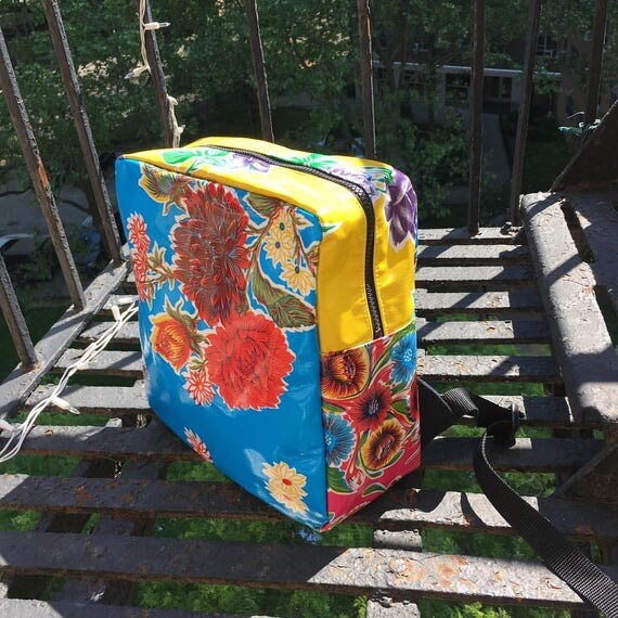 Blue Floral Oil Cloth Patchwork Backpack Handmade lightweight