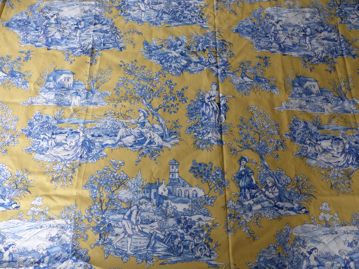 Yellow Blue Toile Fabric Concord Fremont Animals People Cottages ...