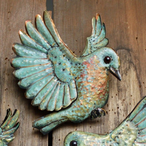Bluebird brass metal flying songbird art sculpture wall