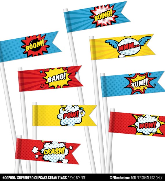 Superhero Cupcake Flags. Printable Straw Flags. Cupcake