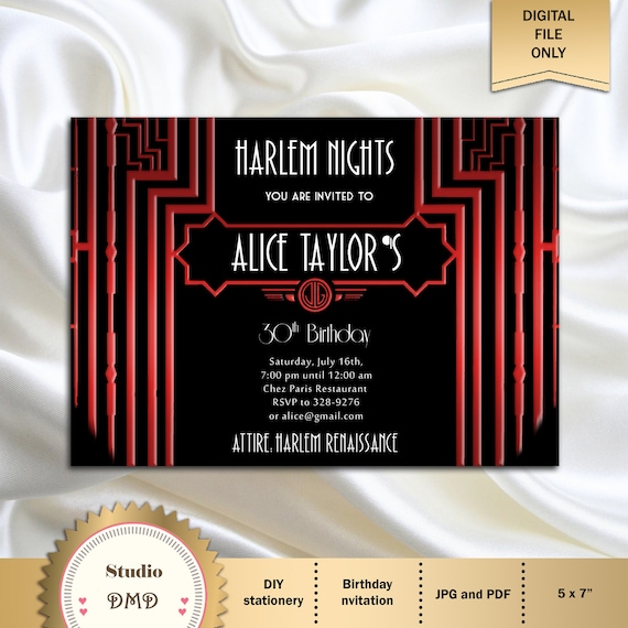 Harlem Nights Birthday Party Invitation Great Gatsby Style