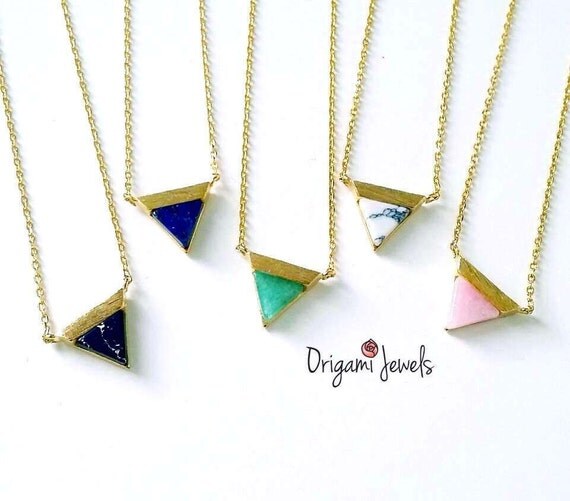 Triangle Gemstone Necklace pink stone by ShopOrigamiJewels on Etsy