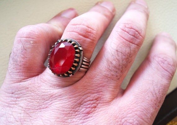 deep red ruby synthetic imitation stone unisex ring sterling