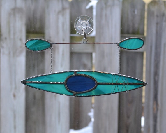 kayak 8 Stained glass suncatcher hanging from silver steel