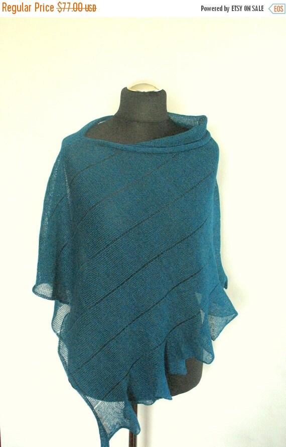 Linen Shawl Cape Clothing Blue Green Light Stripes by Initasworks