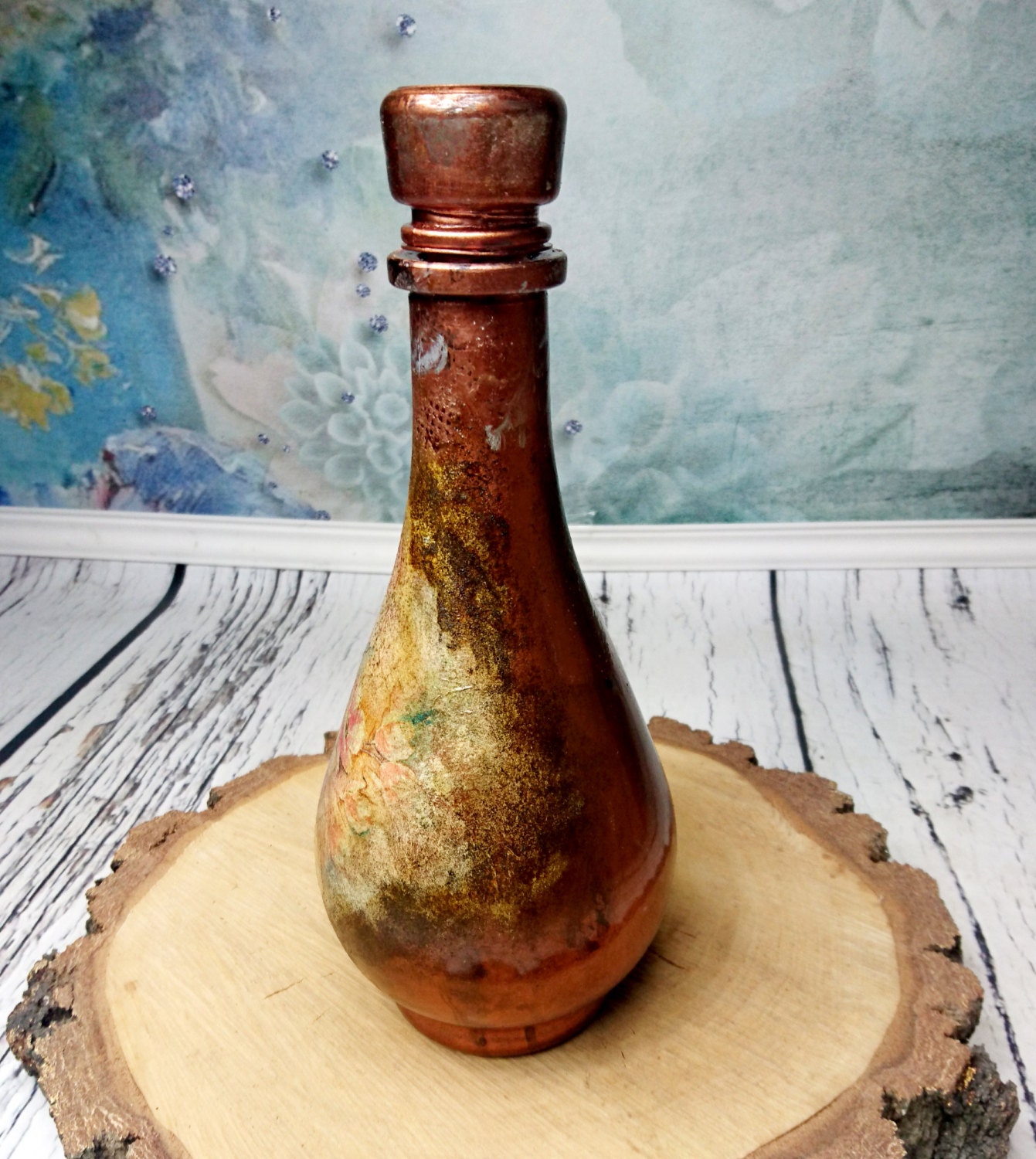 Retro style carafe glass bottle decoupage flowers rust