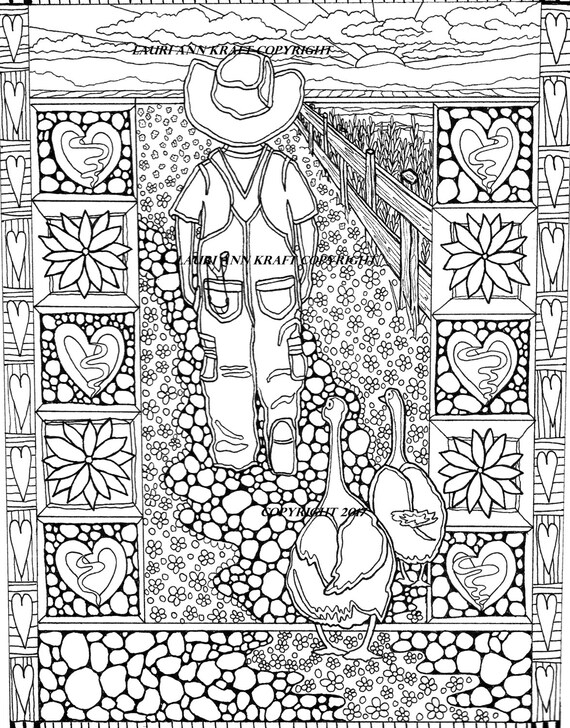Country Boy with Geese Printable Adult Coloring Book Page