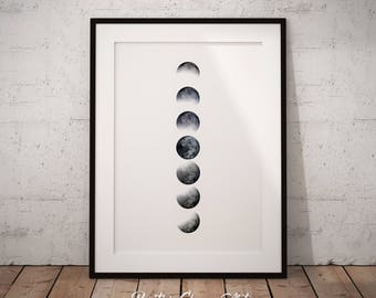 Moon phase wall art moon art print watercolor poster home