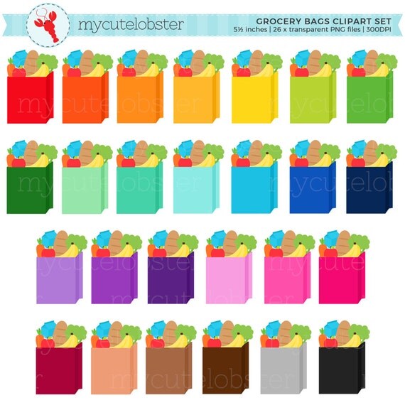 Rainbow Grocery Bags Clipart Set clip art set of groceries