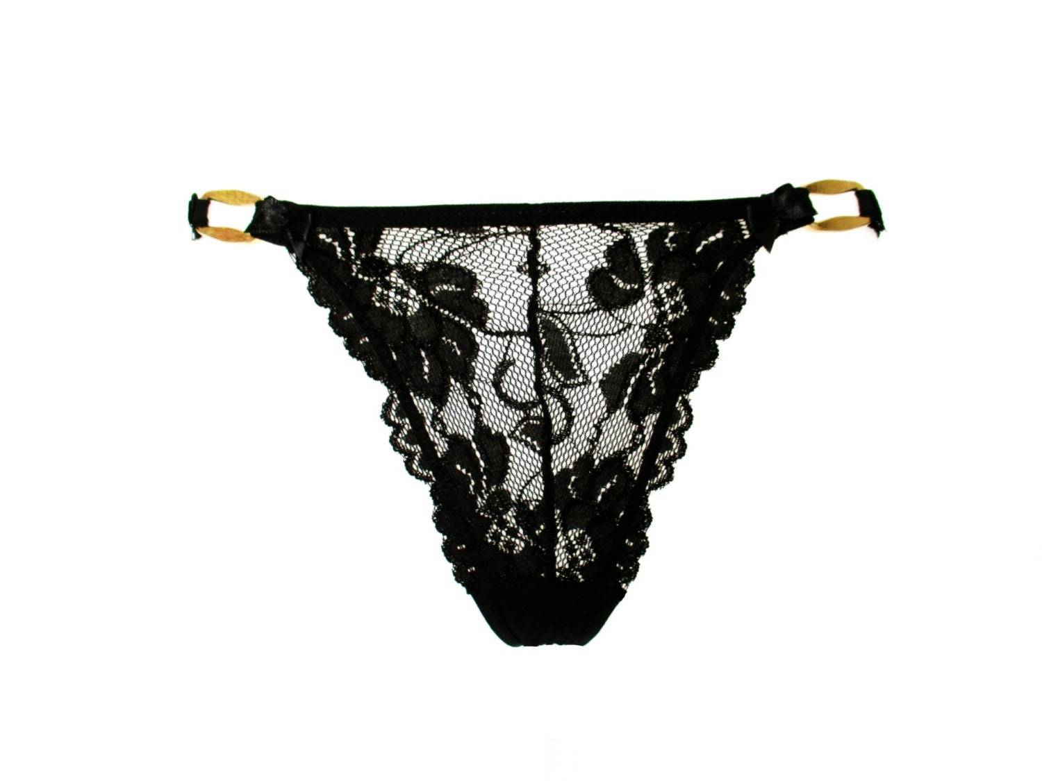 Black Lace G-string Metal Rings Gilded