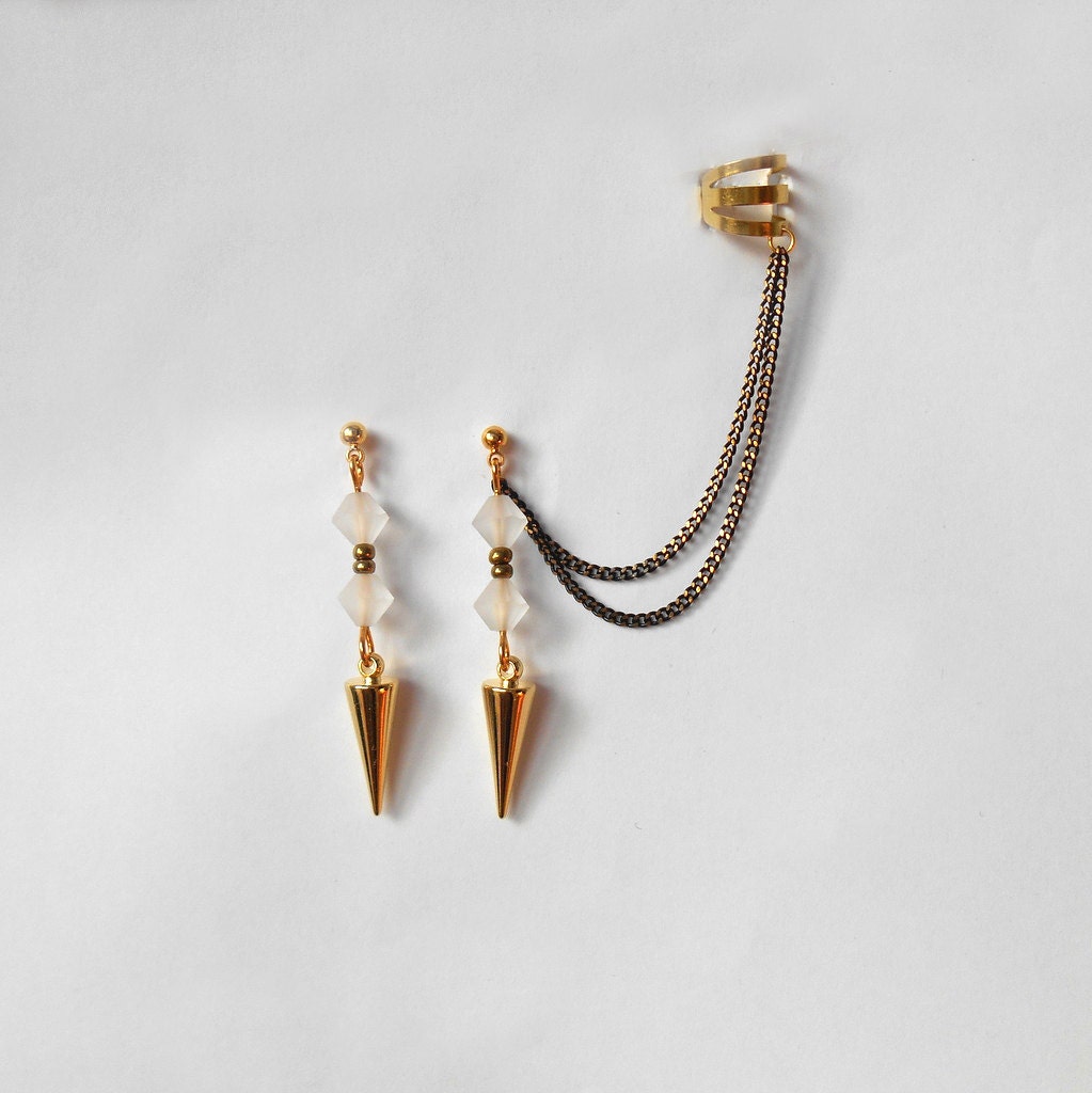 Spike earrings Ear cuff earrings with crystal beads Chain