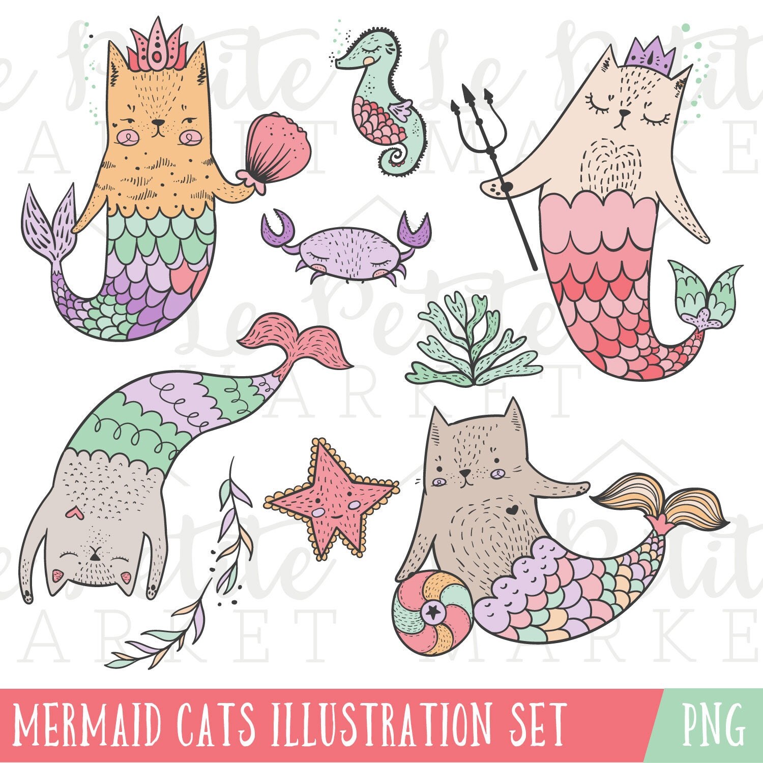 Mermaid Cats Clip Art Set Mer-cats Clip Art Mermaid