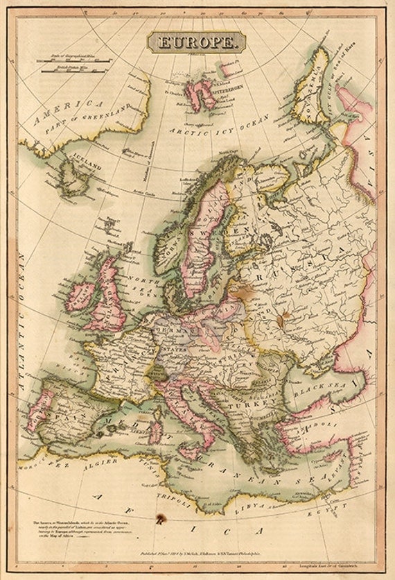 Map of Europe 1814. Vintage restoration hardware home Deco