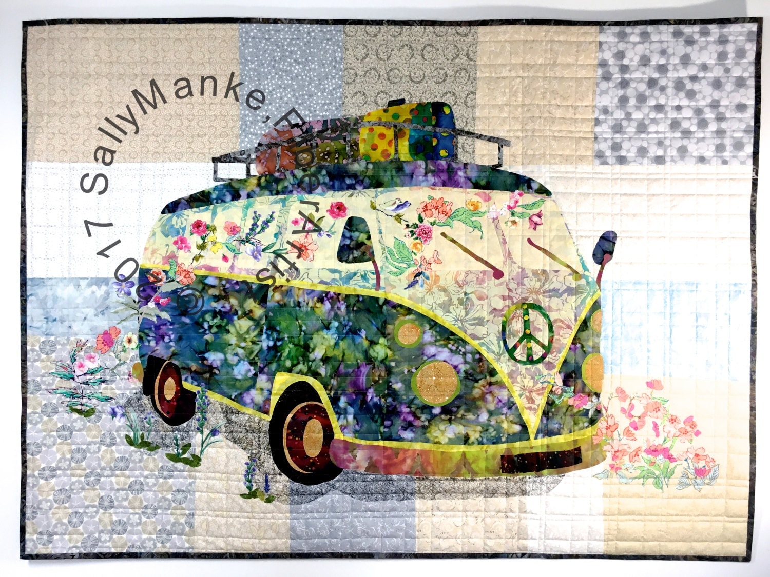 VW Van Art Quilt Flower Child Quilted Wall Hanging Vintage