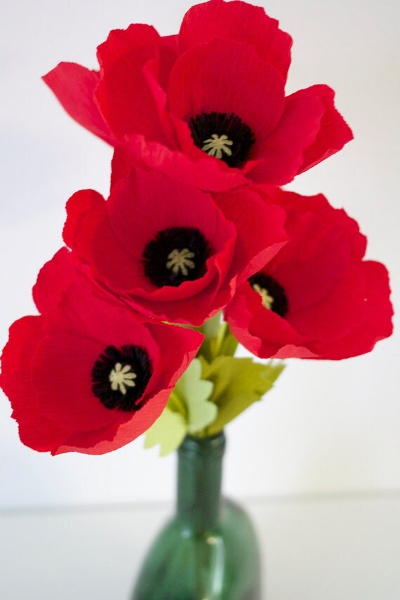 SIX Paper Poppies in choice of colors by Adornflowers on Etsy