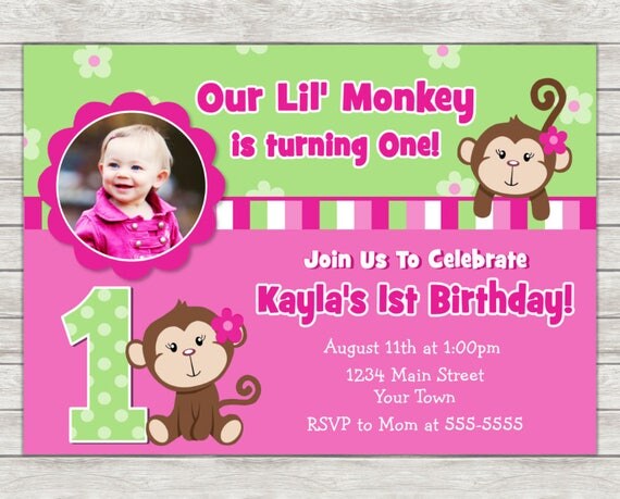 Monkey Girl Birthday Invitation Pink Monkey Girl 1st Birthday