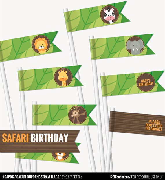 Safari Birthday Cupcake Flags. Printable Straw Flags. Cupcake