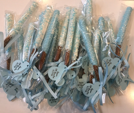 Blue and White Chocolate Covered Pretzel Rods with Drizzle