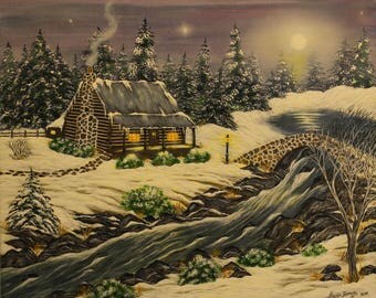 Log cabin painting | Etsy