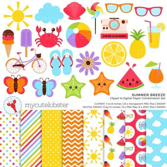 Summer Breeze Clipart & Digital Paper Set summer clip art