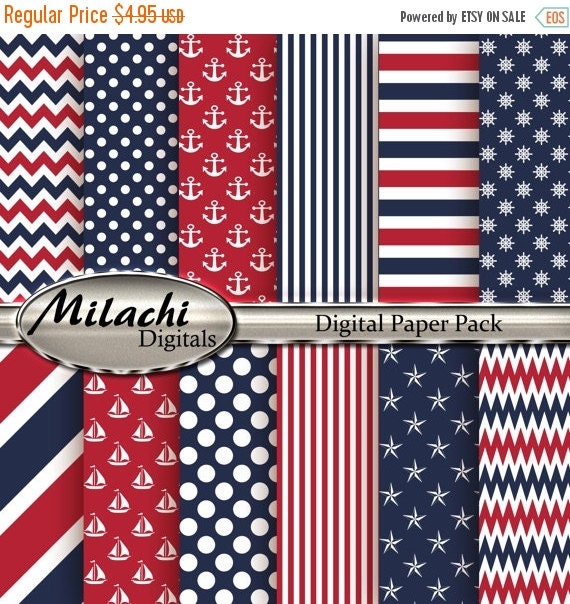 60% OFF SALE Nautical Red Navy Blue White Digital Paper Pack