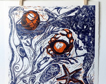 Mermaid linocut | Etsy