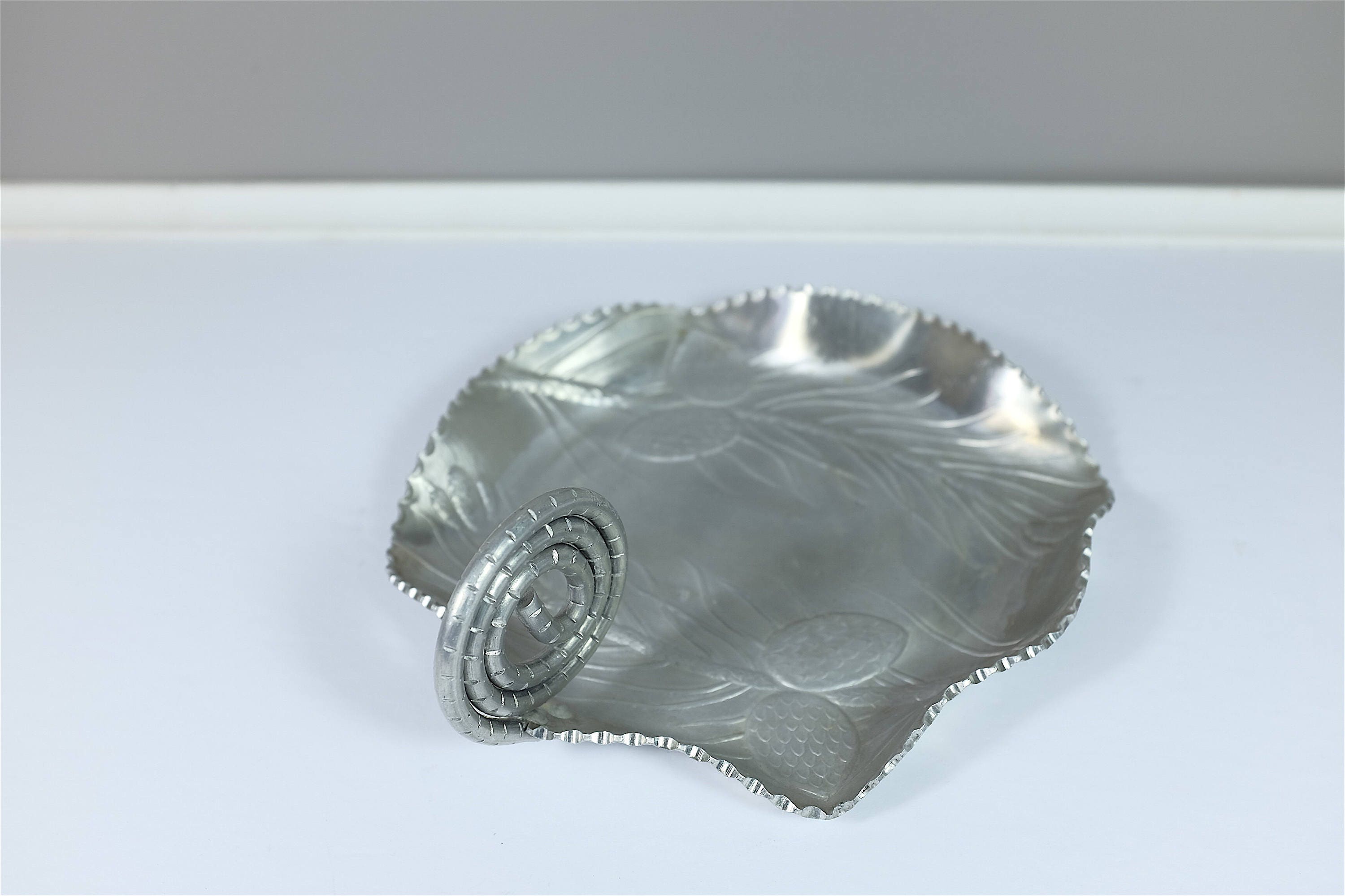 Vintage forged aluminum platter Mid century Pinecones Hand