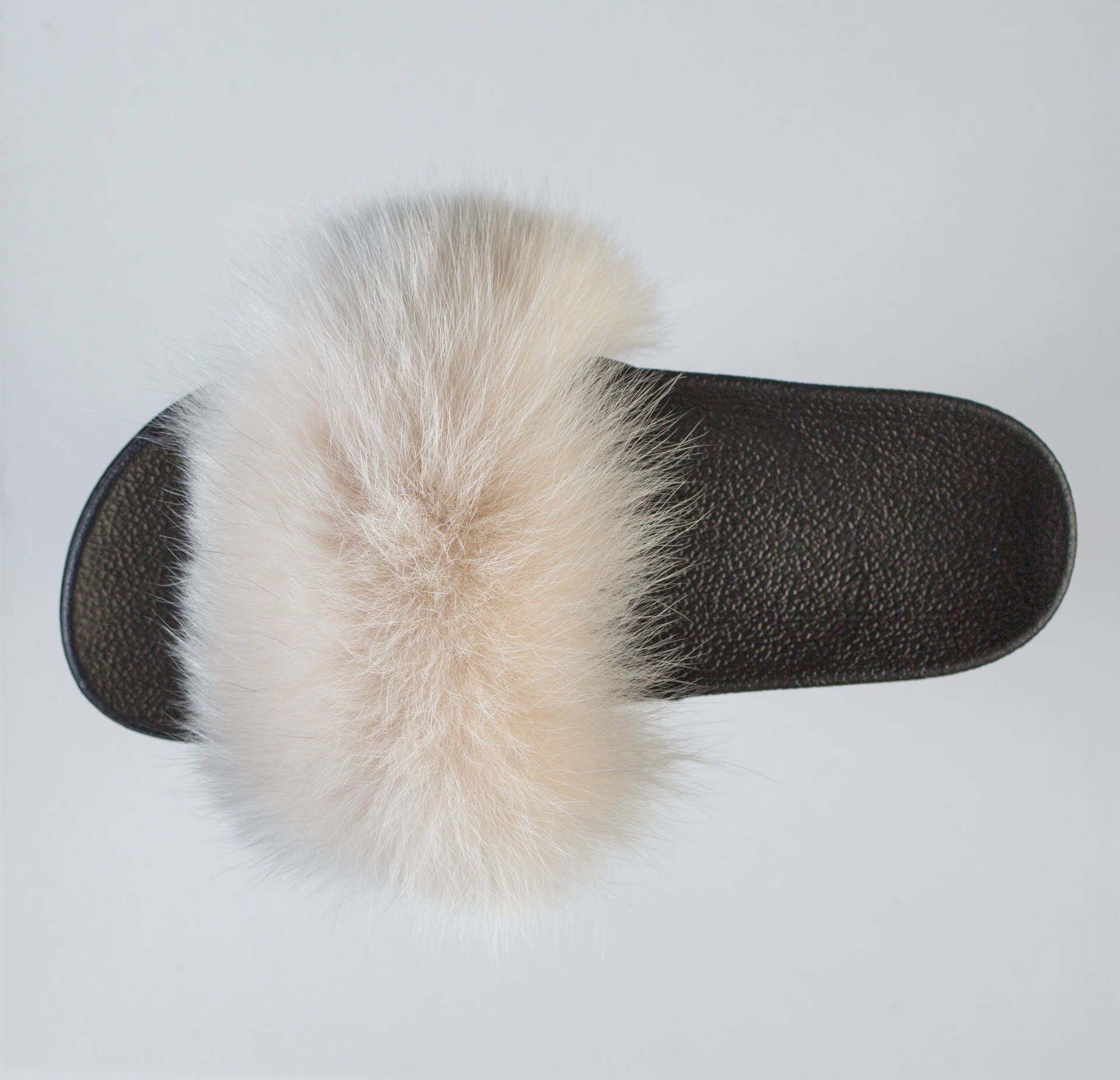 Real Fox Fur Slides Cream Fluffy Slides Rubber Fur Sandals