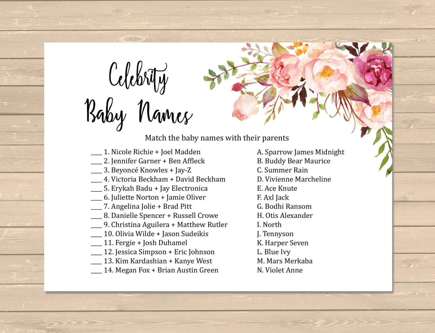 Boho Celebrity Baby Name Game Floral Printable Celebrity Name