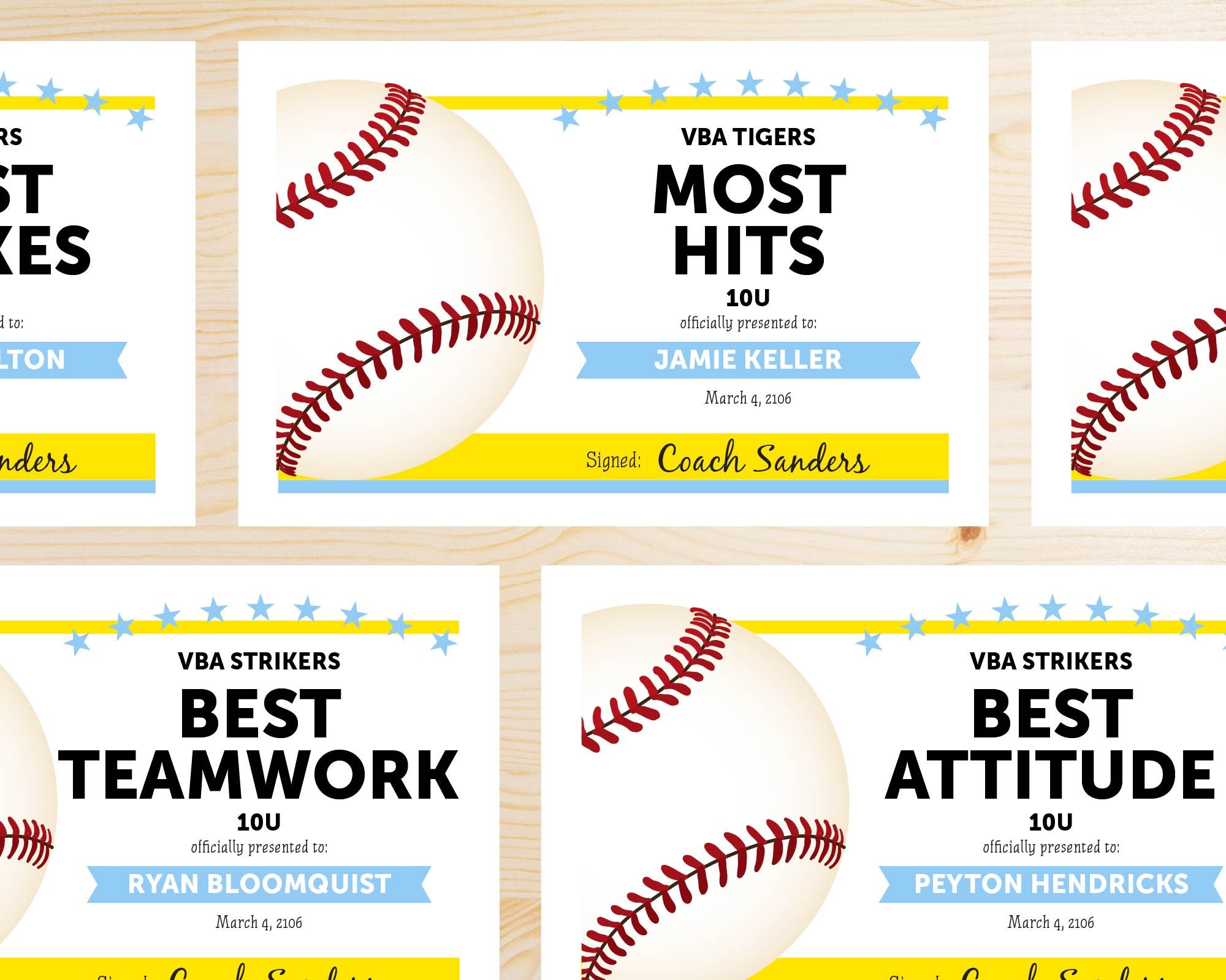 Editable Baseball Award Certificates INSTANT DOWNLOAD