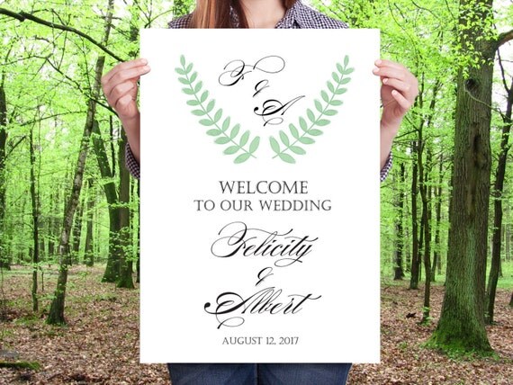 Welcome wedding sign printable laurel wreath digital wedding