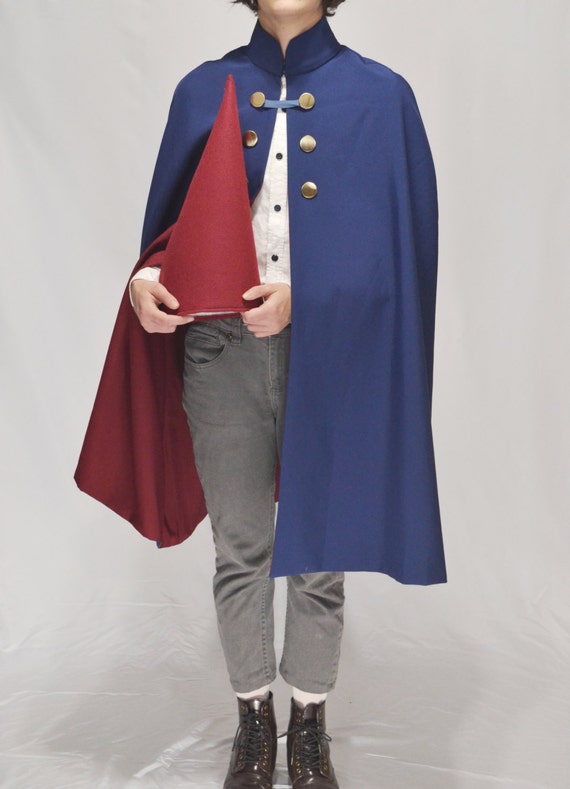 Red-lined Navy Blue Cape and Gnome Hat Combo