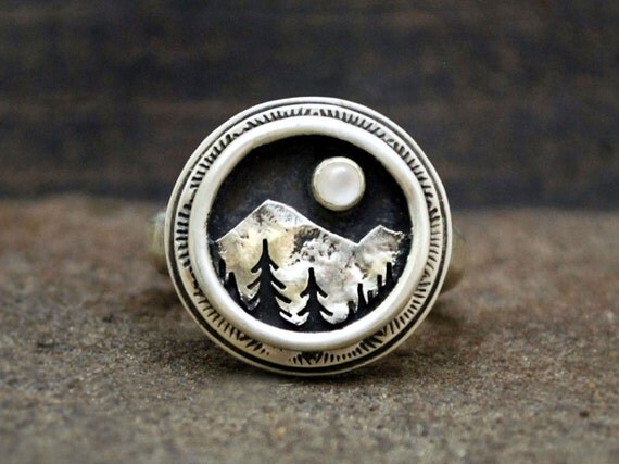 Mountain Shadowbox Ring Moonstone and Silver Mountain Moon