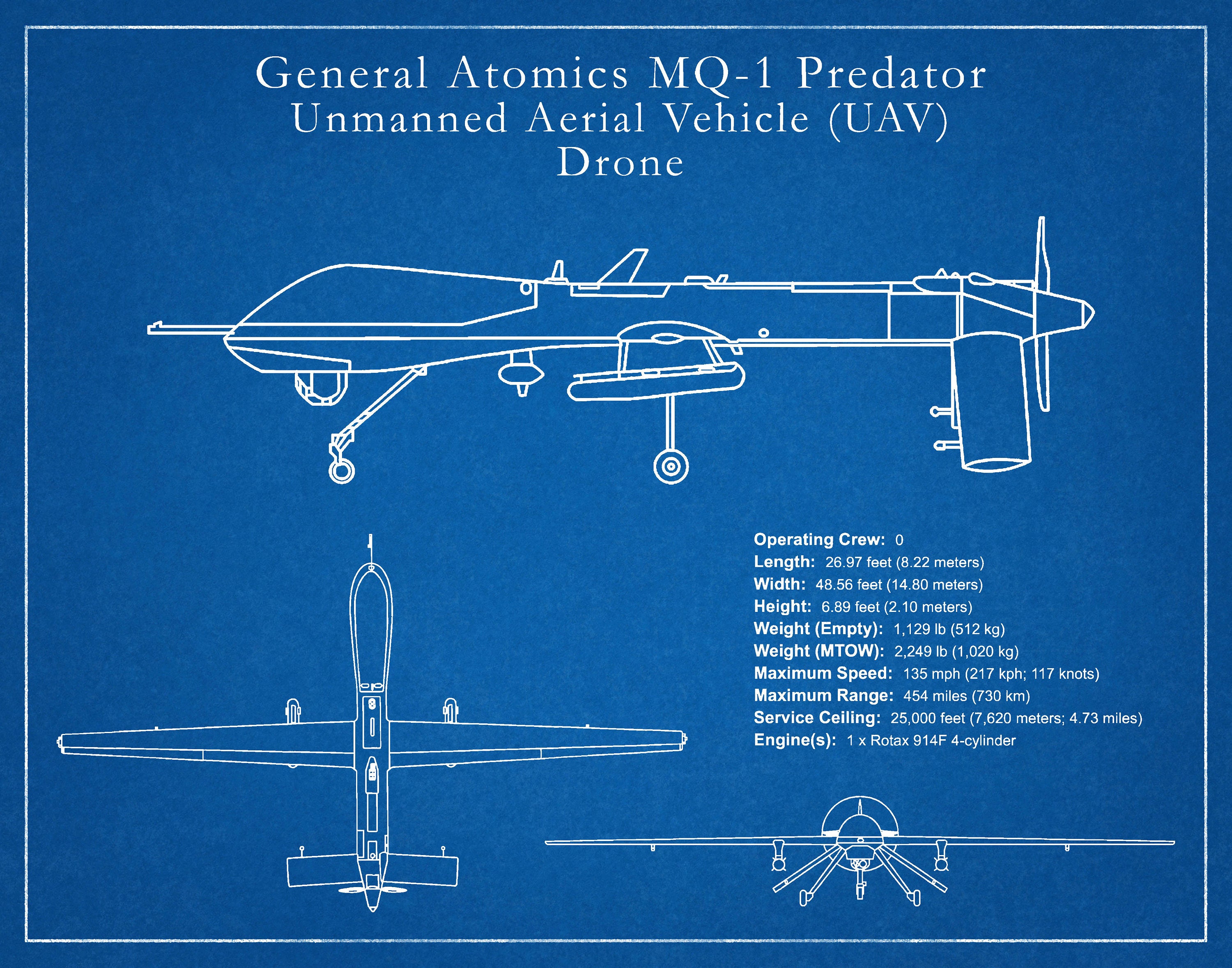 MQ-1 Predator UAV Drone Spy Plane Drawing - Reconnaissance Aircraft Art Print - Poster - CIA Spy ...