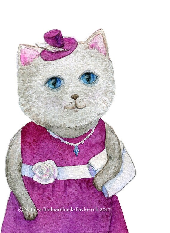 Elegant lady Cat watercolor painting Nursery wall art Cat