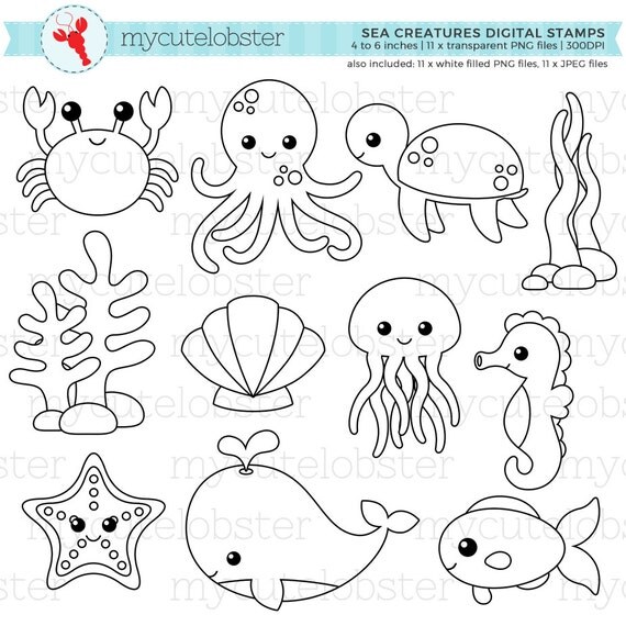 Sea Creatures Digital Stamps outlines line art crab