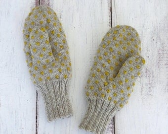 MADE TO ORDER Thrummed Mittens Hand Knit Grey and White Wool